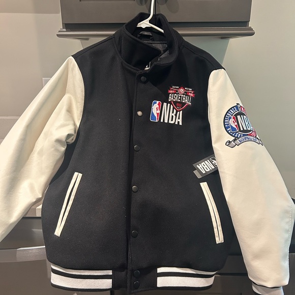 NBA | Jackets & Coats | Nba Black And White Varsity Jacket With Logos ...